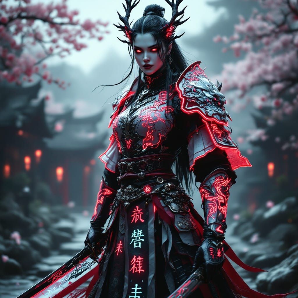 Majestic Goth Samurai in Ancient Japanese Village - AI Art