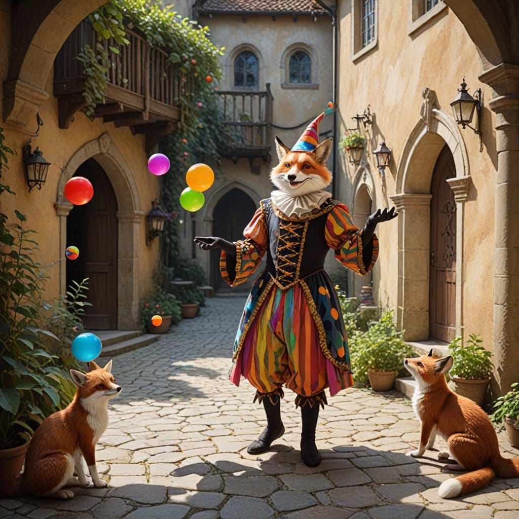 Whimsical Jester Delights in Medieval Courtyard - AI Art