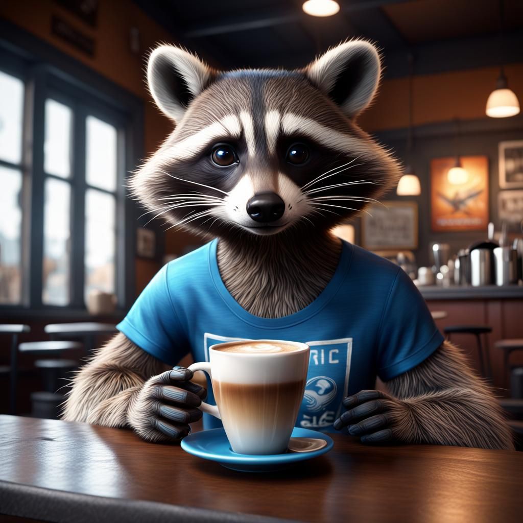 Raccoon boy in a coffee house - AI Generated Artwork - NightCafe Creator