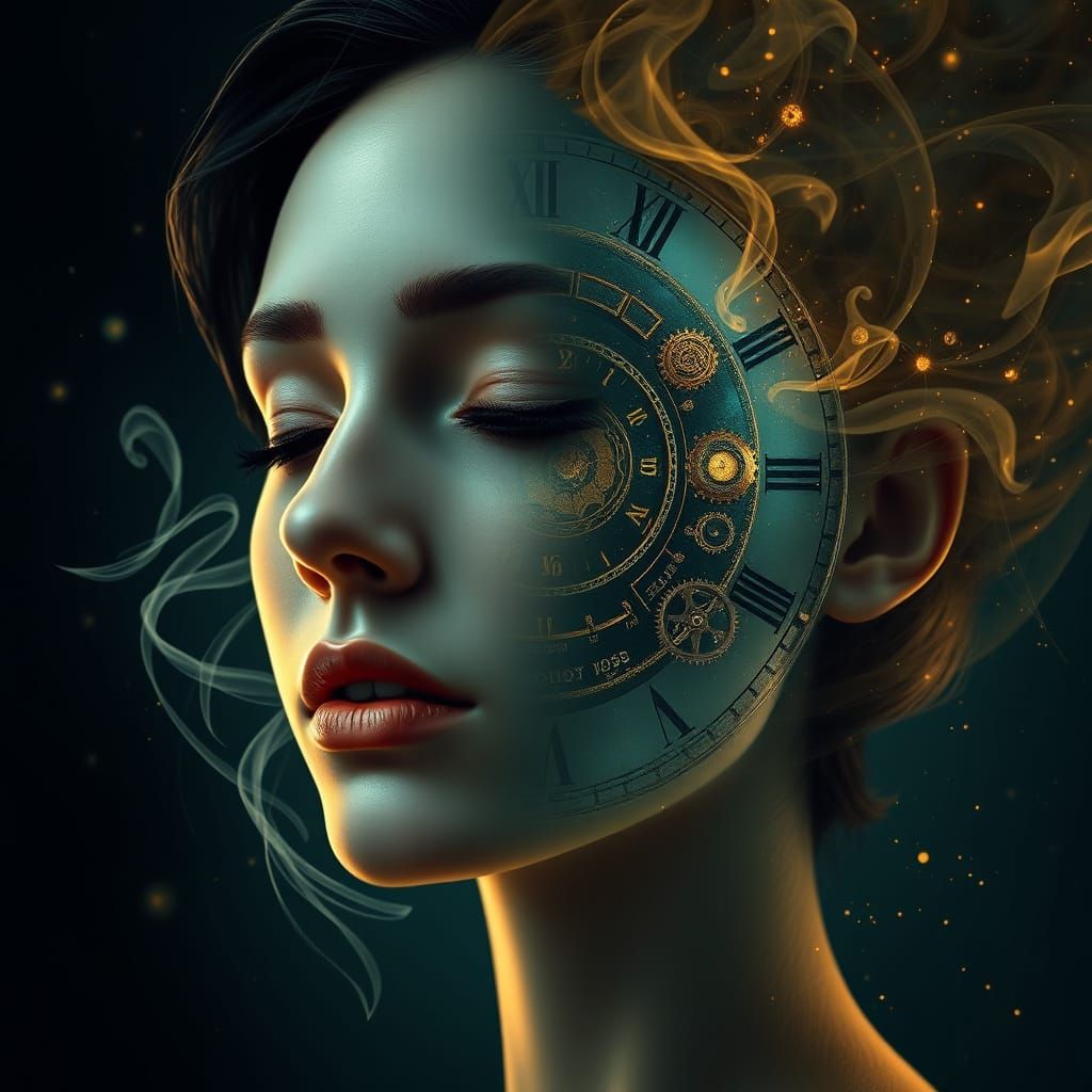 Surreal portrait, half face half clock, intricate clockwork mechanisms ...