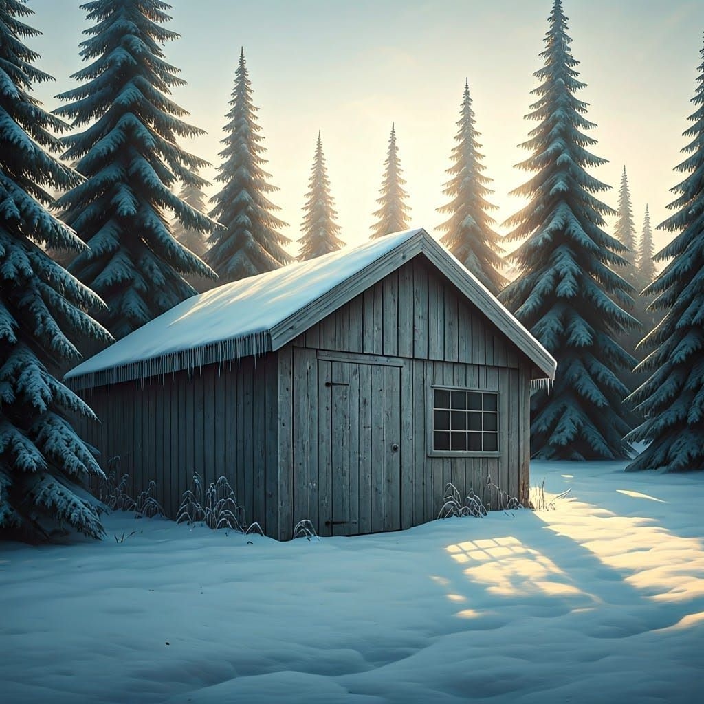 Wooden shed with frozen roof, winter sun shining between trees