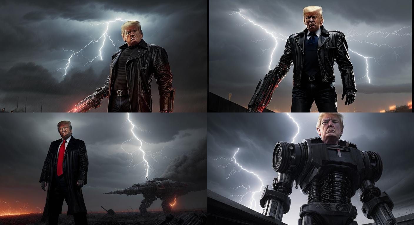 Donald Trump as the terminator with a dark sky and lightning behind him ...