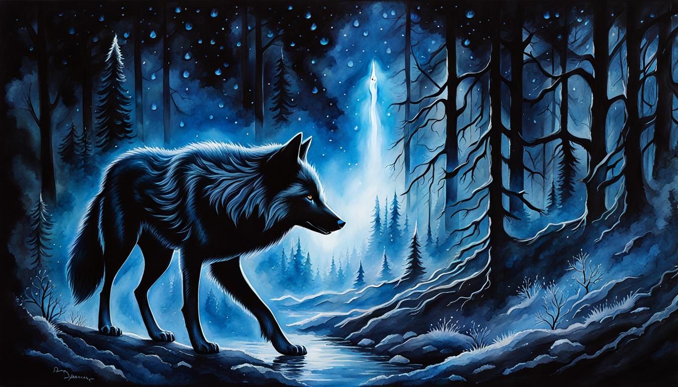 Ghost on the Black background, blue shiny aura, detailed watercolor painting, hyperrealistic ...