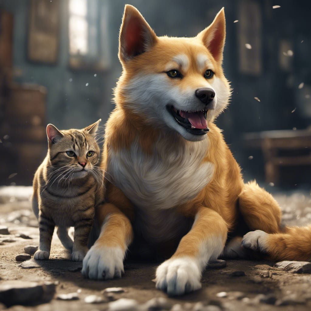 Jindo dog biting tabby cat - AI Generated Artwork - NightCafe Creator