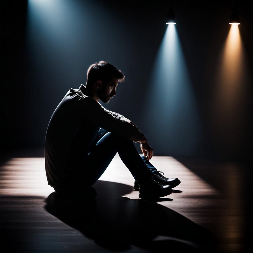 Depressed man made of light and shadows sitting in a dark room on the ...