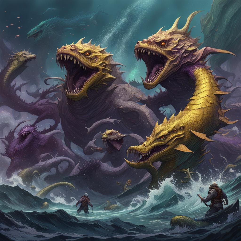 Sea Monsters Fighting. Active, hectic, chaotic fighting, by Posuka ...
