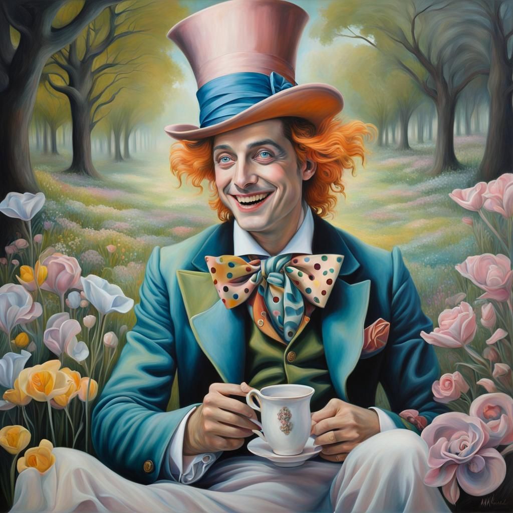 Surreal landscape oil painting depicting the Mad Hatter laughing - AI ...