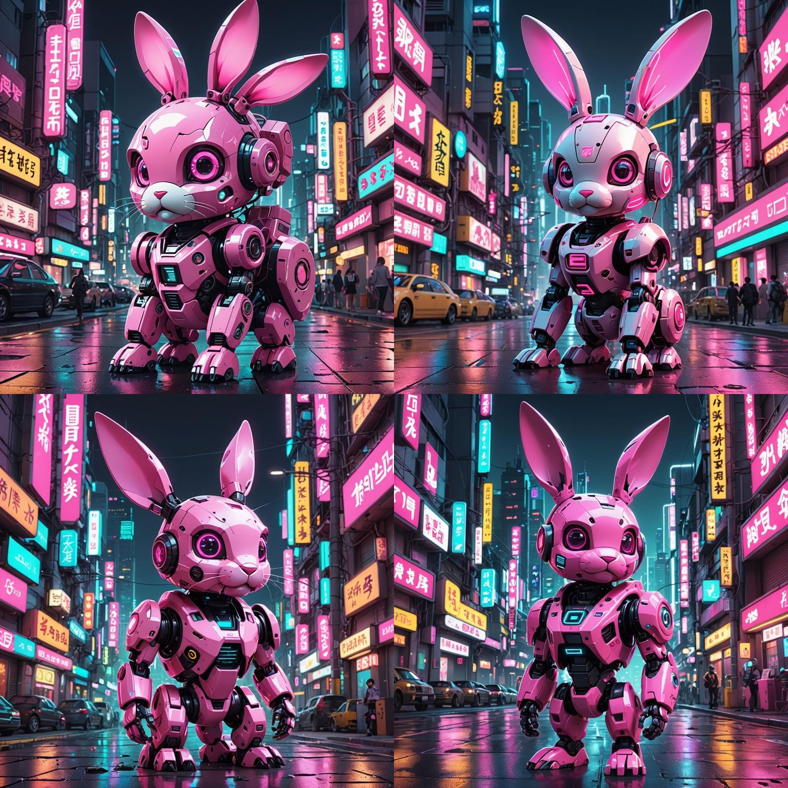 pink Robo-Cyborg bunny cute pet in a retro-futuristic neon city, retro ...