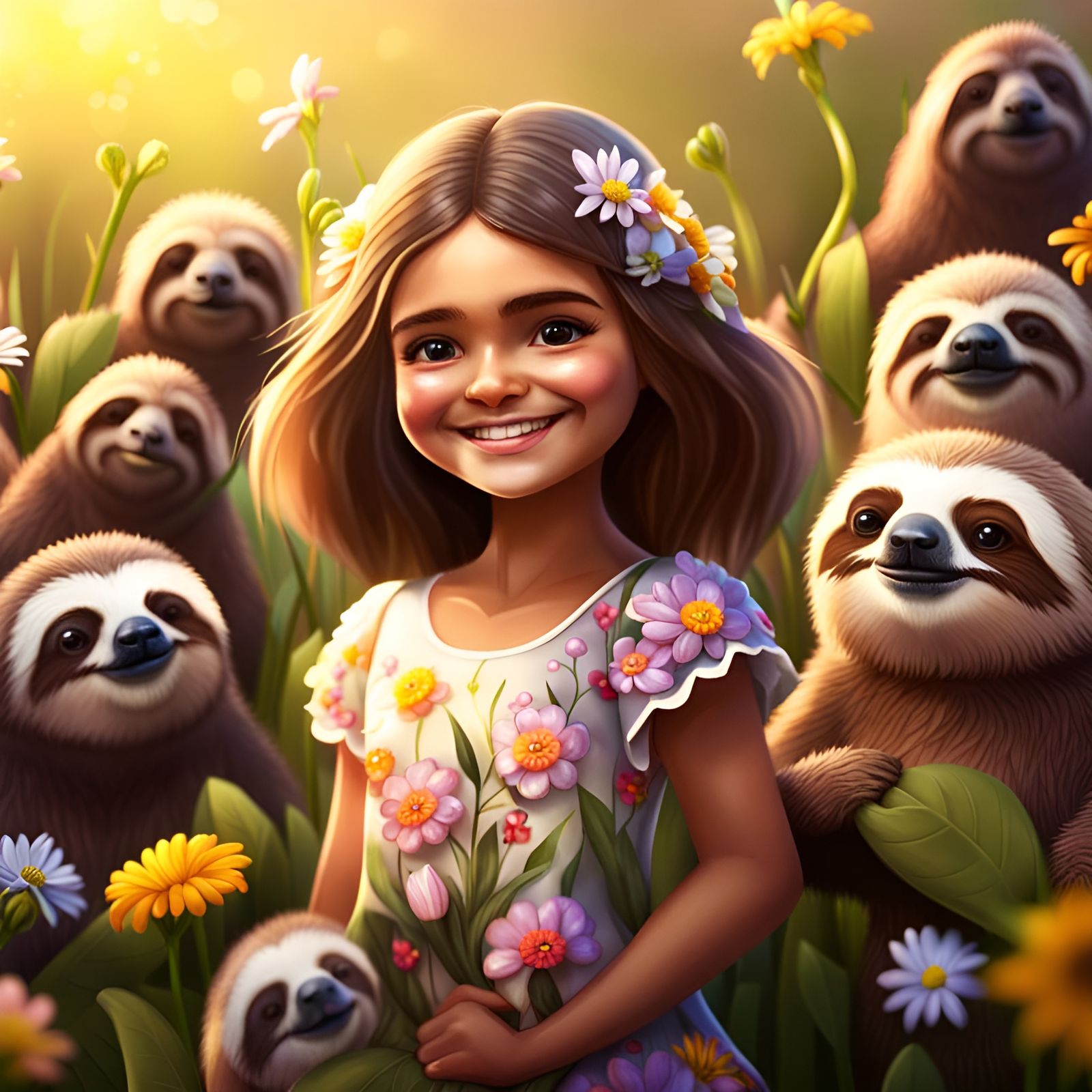 A girl in a field of sloths - AI Generated Artwork - NightCafe Creator