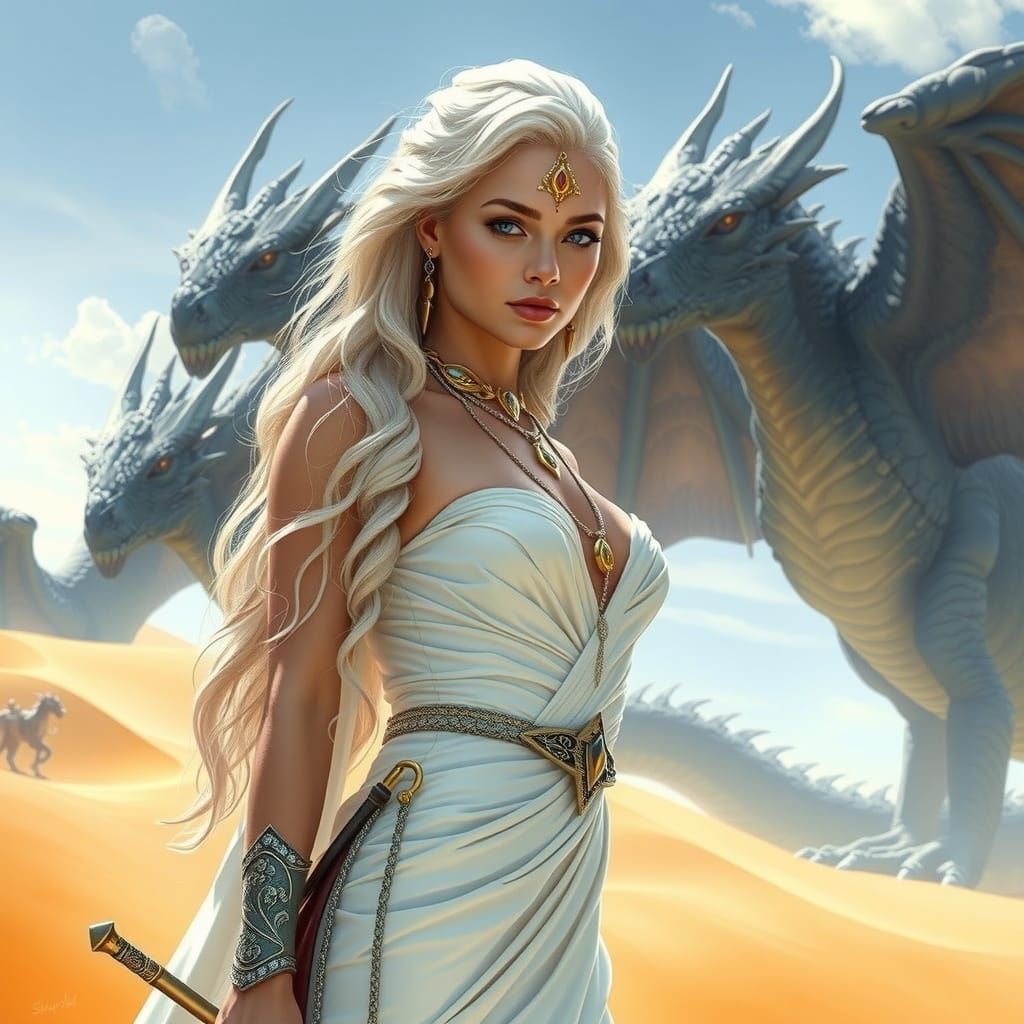 Ethereal Valyrian Princess with Dragons Amidst Gol... - AI Art
