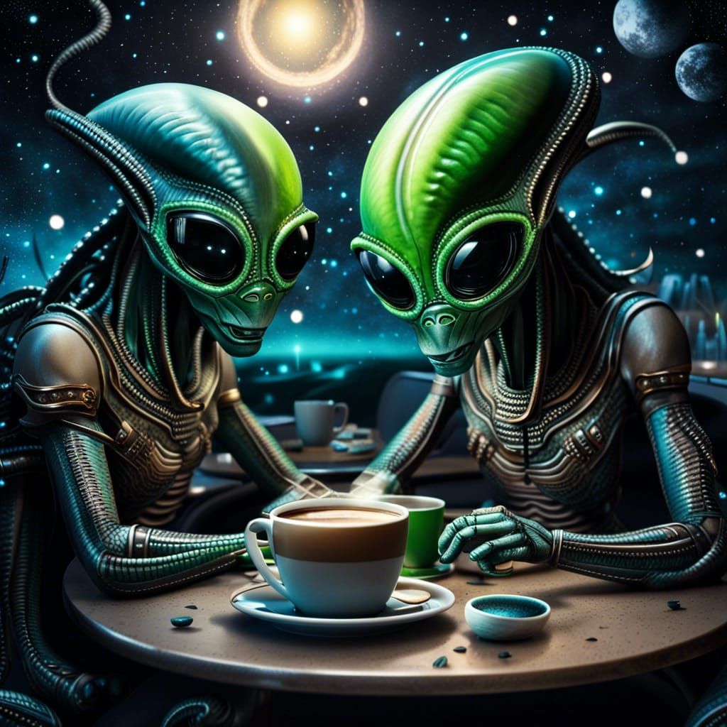 Aliens drinking coffee in a cosmic nightcafe coffee shop - AI Generated ...