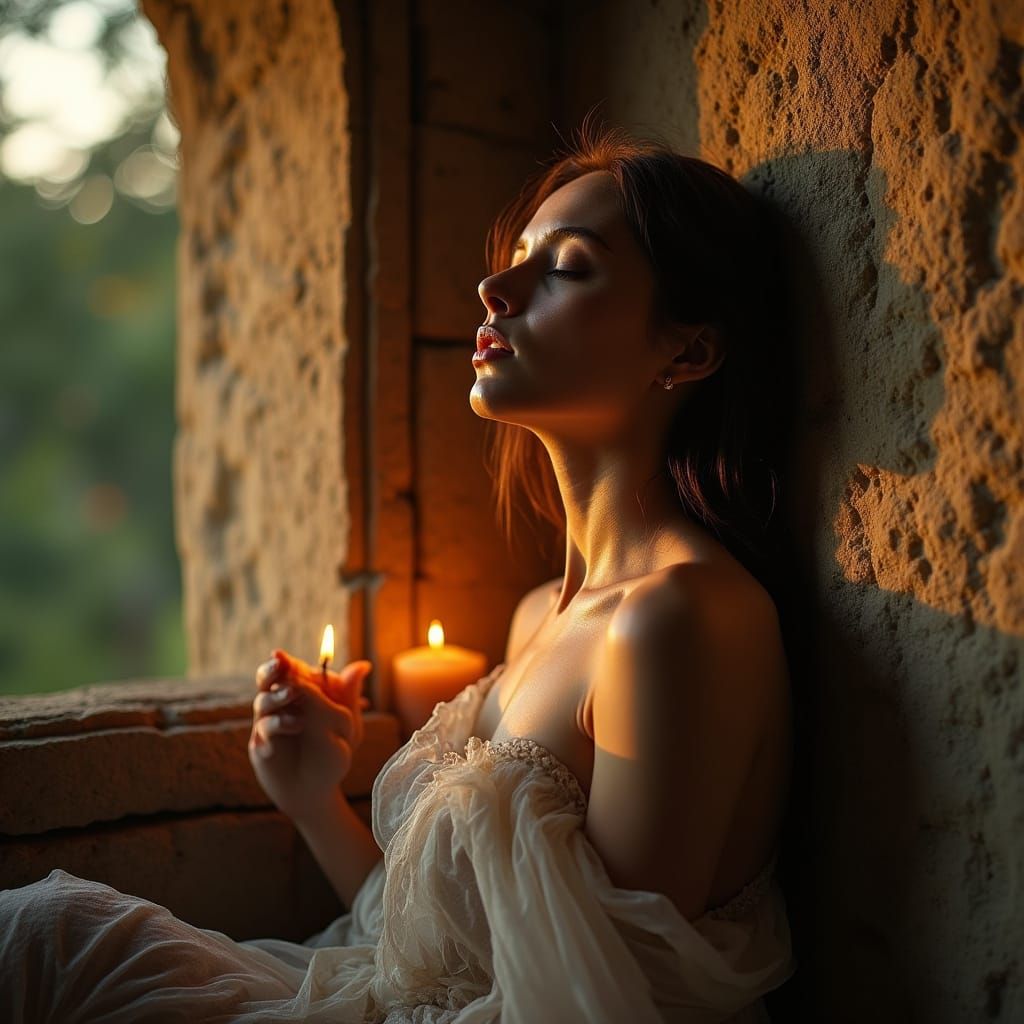 Woman in Contemplative Reflection, Golden Hour Lig... - AI Art