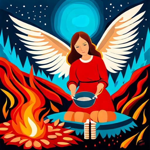 Angel Putting out a Campfire for the Night - AI Generated Artwork - NightCafe Creator