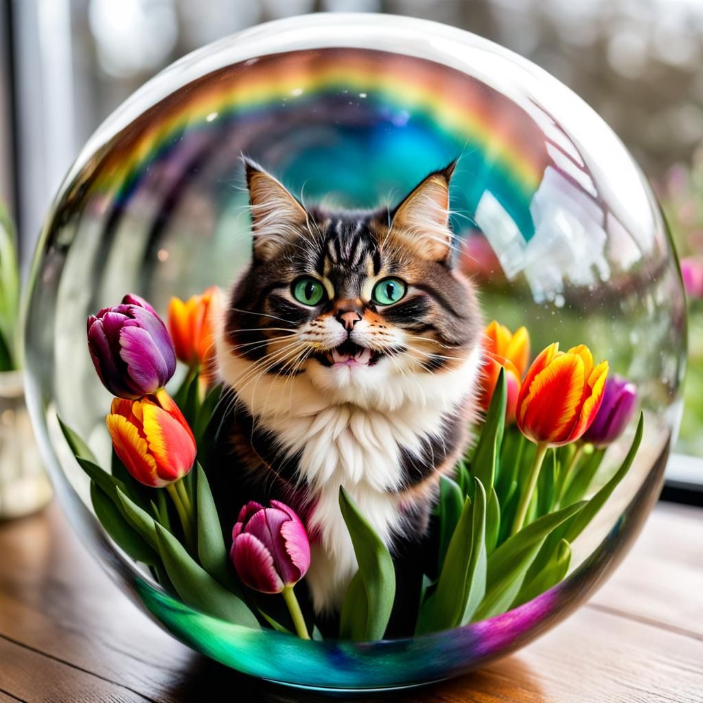 Inside a Glass ball full of Rainbow tulips, pottery photography , happy ...