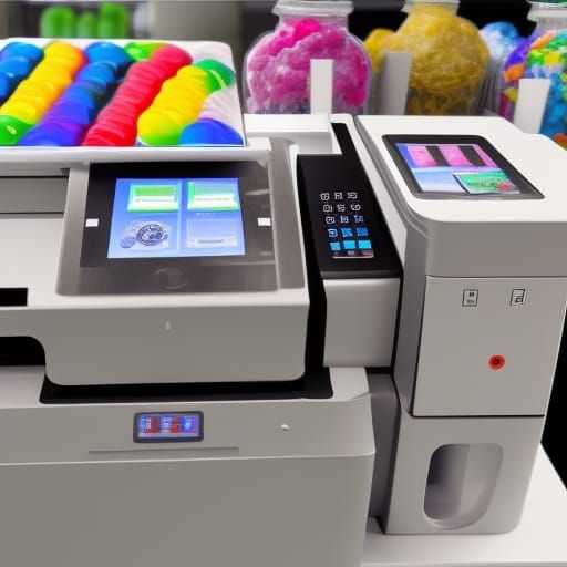 A printer that produces candy. Digital art, realistic. It can print ...