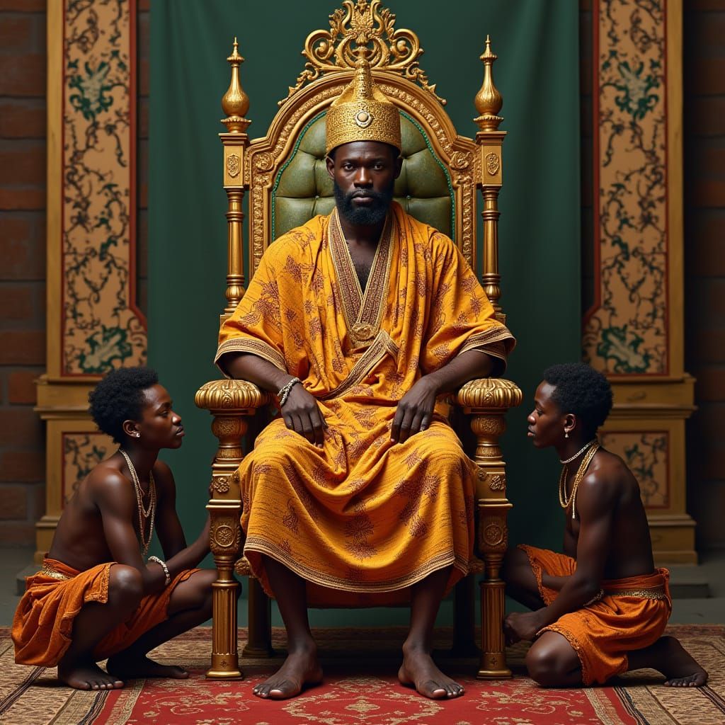 Ghanaian King Seated in Opulent Splendor with Humb... - AI Art