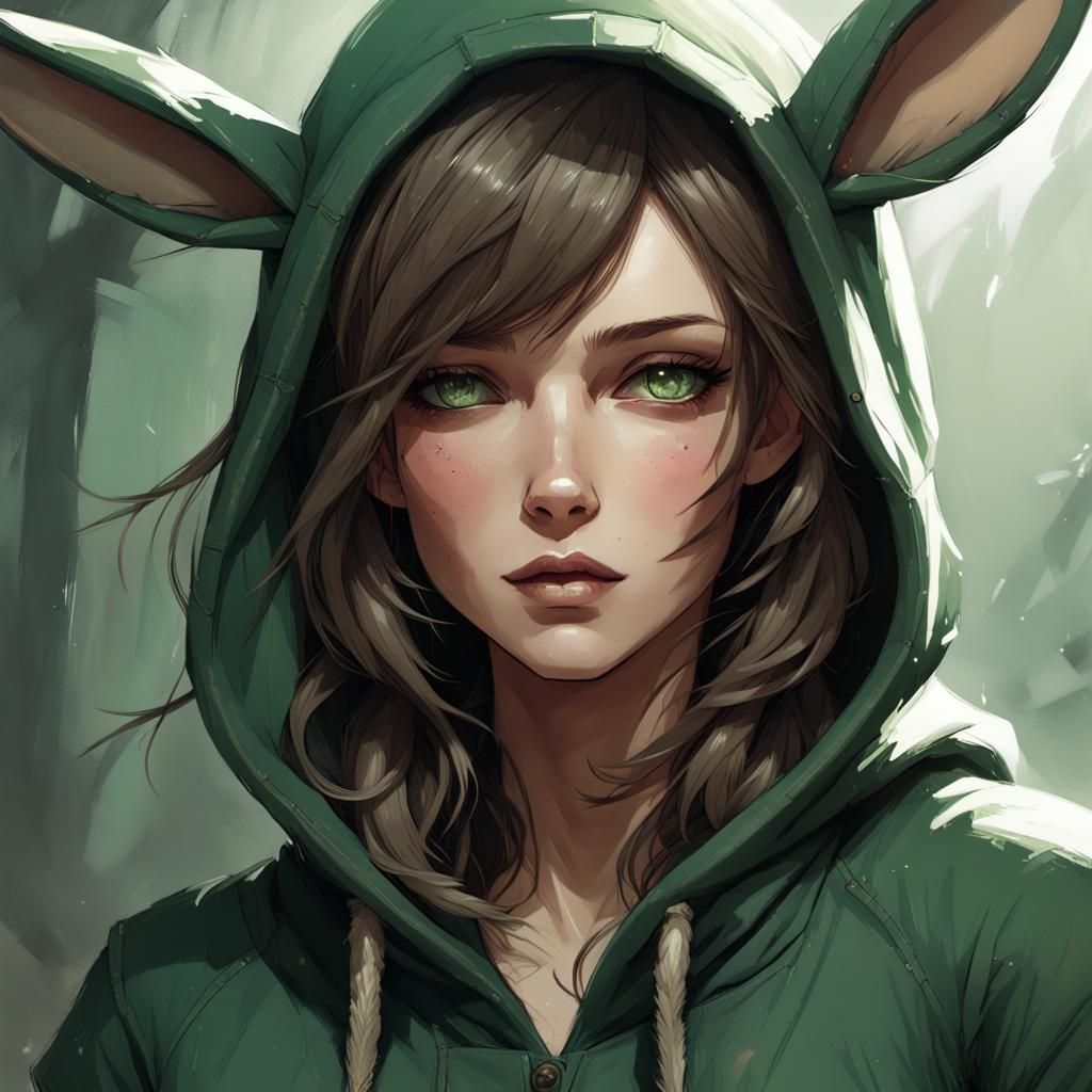 close-up of female dunedain ranger wearing comfortable green bunny suit ...