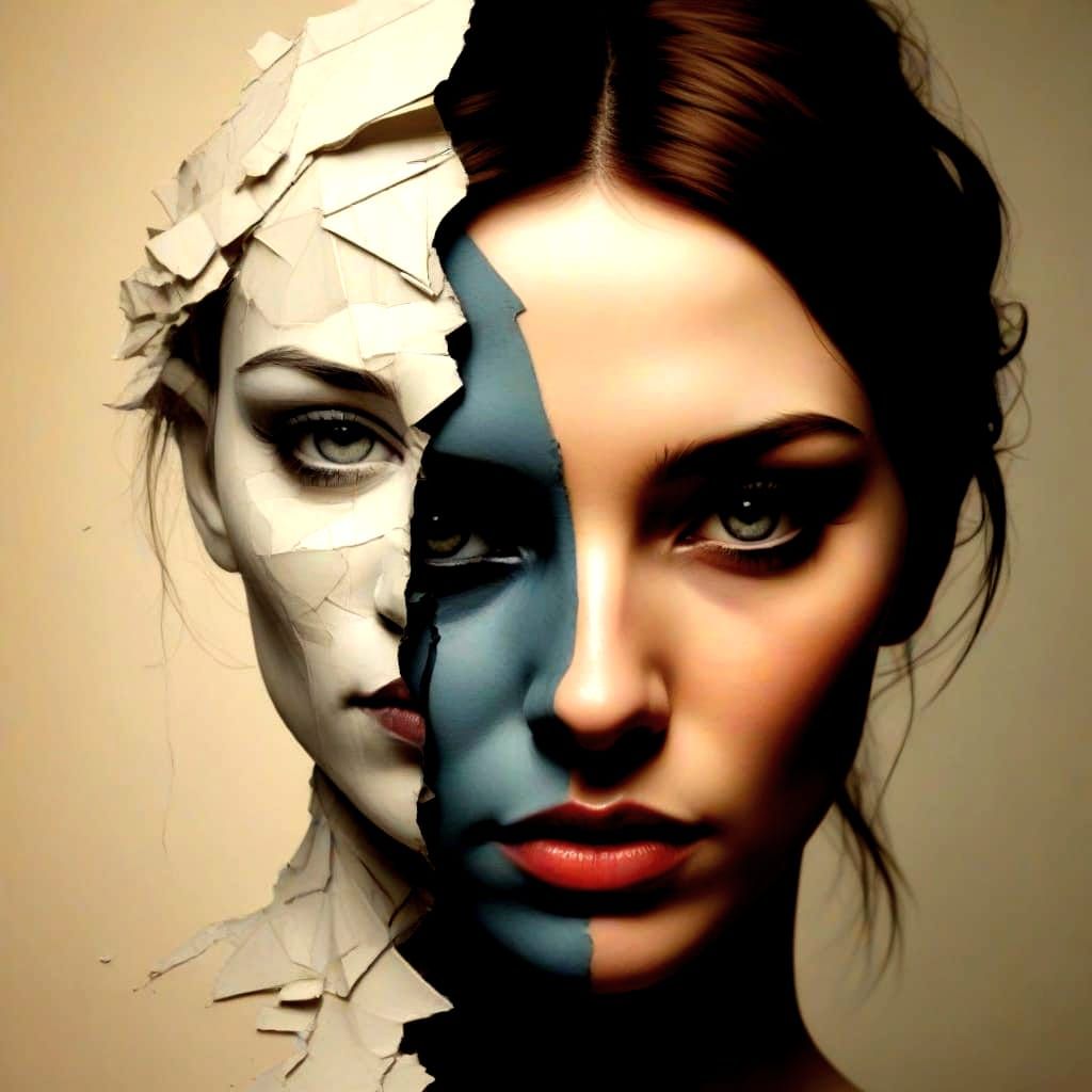 Distressed Human Female Portrait in Mixed Media - AI Art