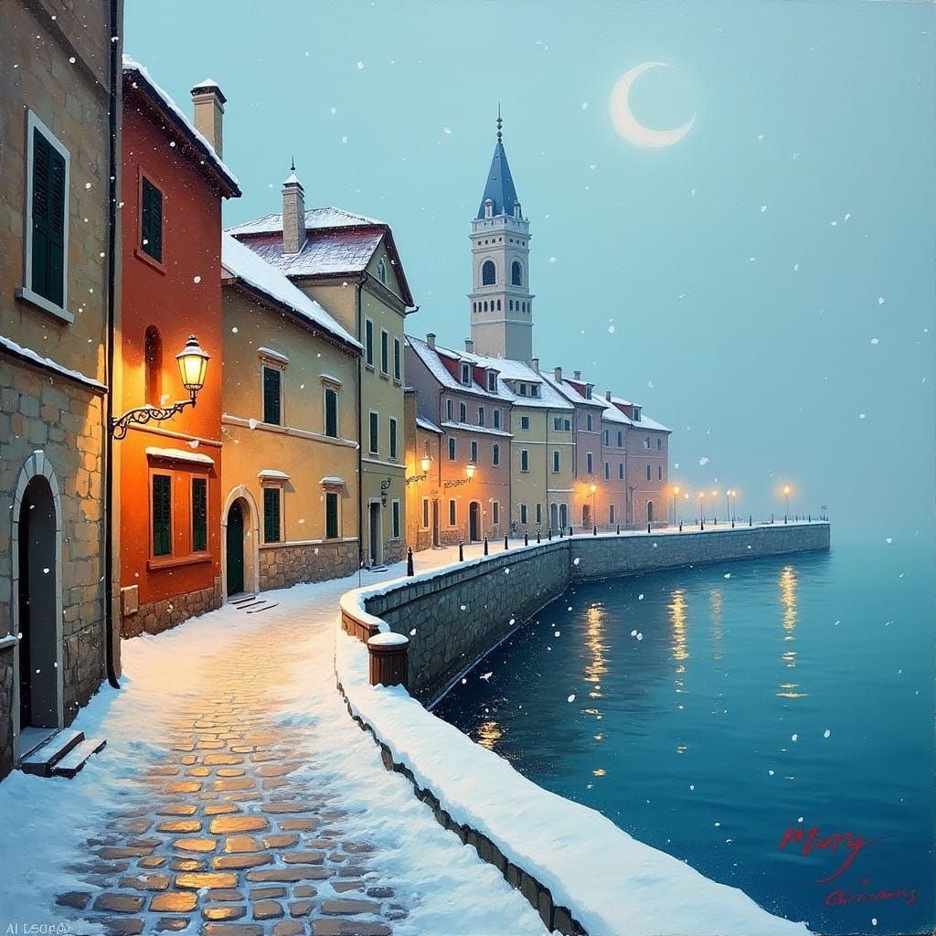 old European port city during a rare snow