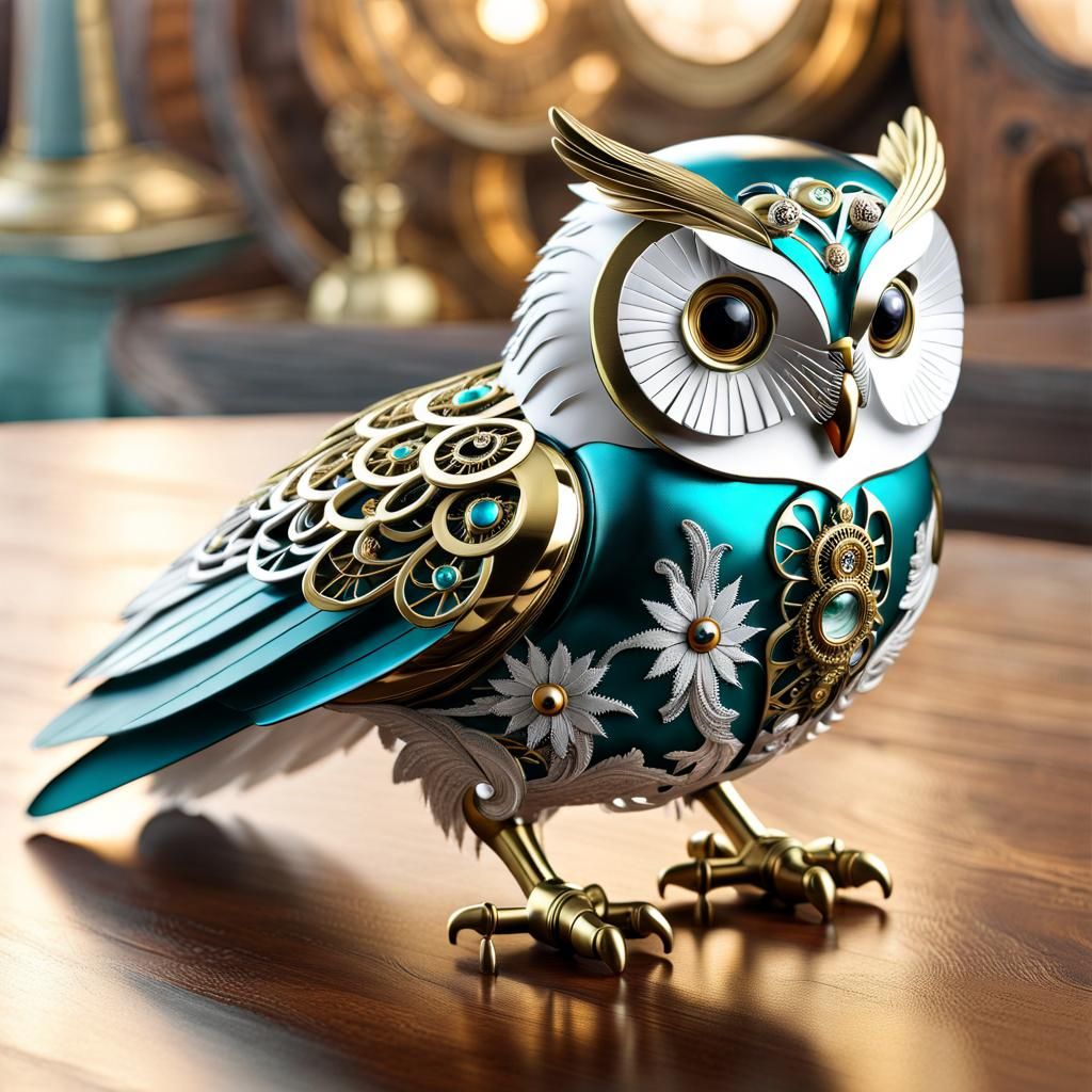 A cute clockwork snowy owl - AI Generated Artwork - NightCafe Creator