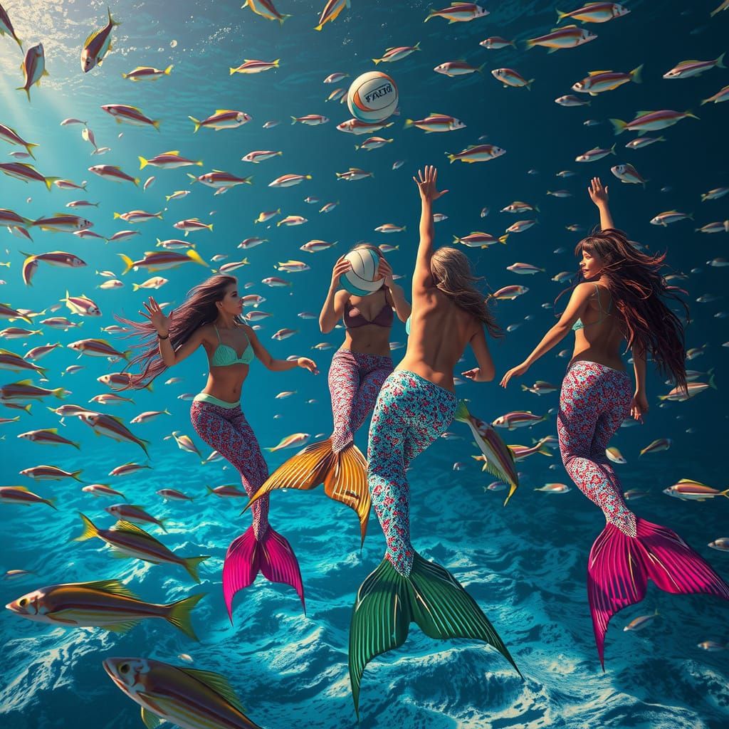 Mermaids in Futuristic Underwater Volleyball Scene... - AI Art