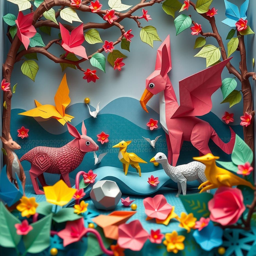 3D origami diaporama, beautiful wildlife scenery, color textured paper ...