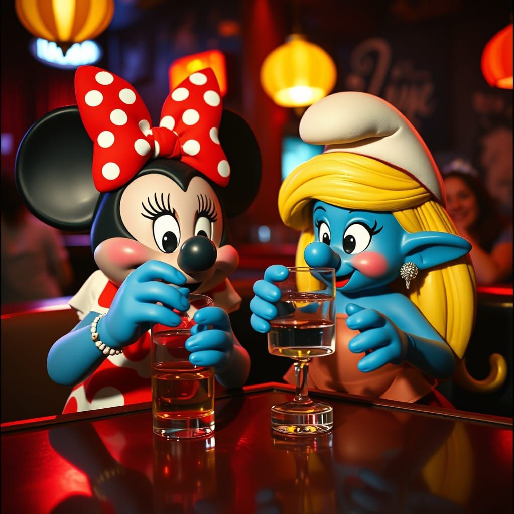 Minnie mouse and Smurfette both drinking shots of whiskey at a dive bar