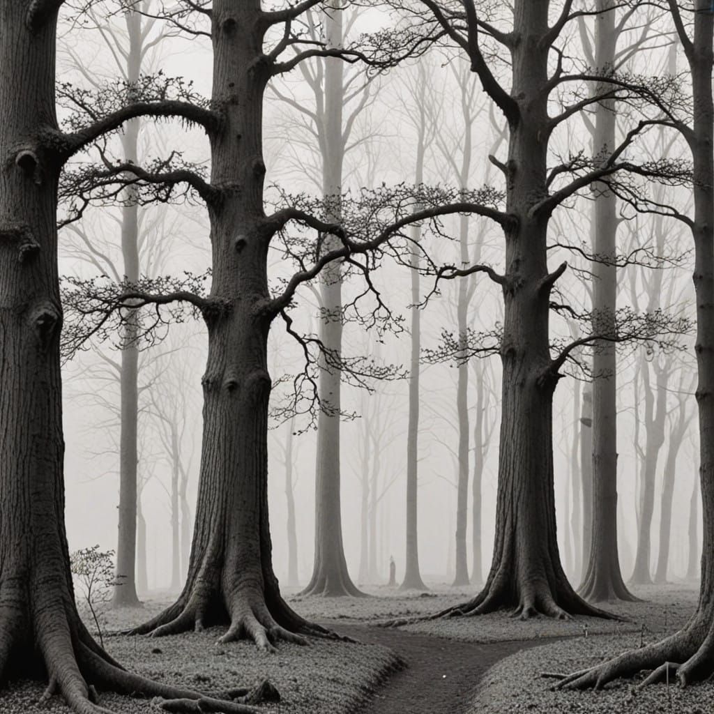 Classically Rendered Black and White Trees - AI Art
