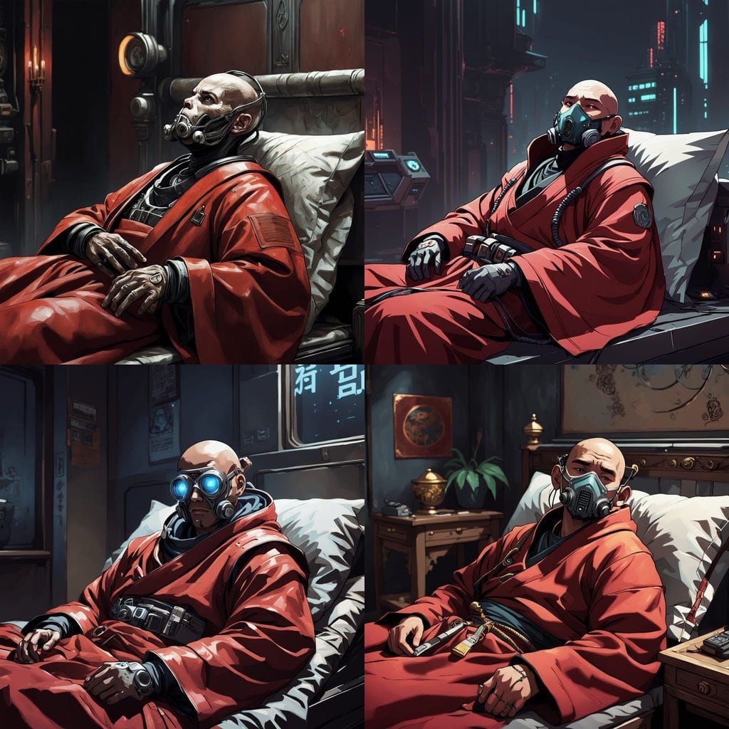 Cyberpunk Monk in Repirator-Mask, European Face, a... - AI Art