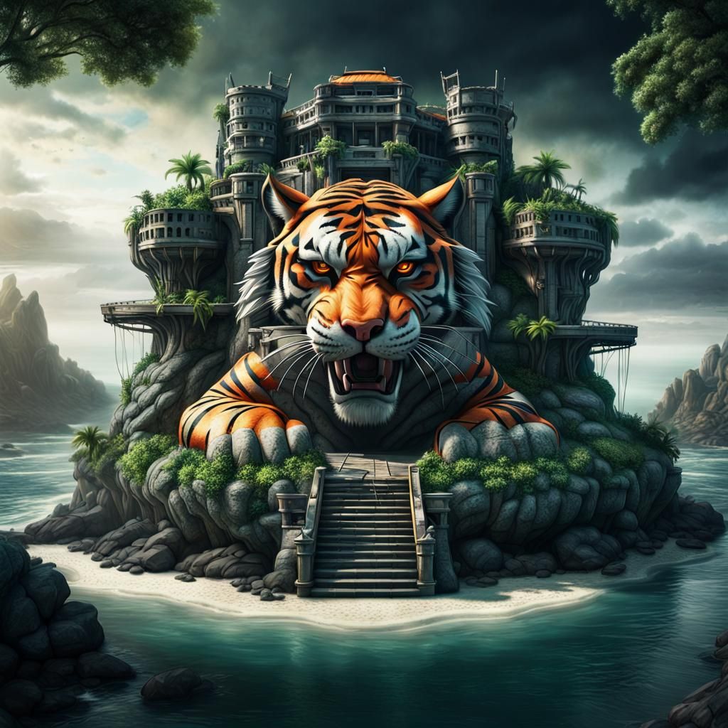 A fortified, 21st century supervillain island lair at the shape of a ...