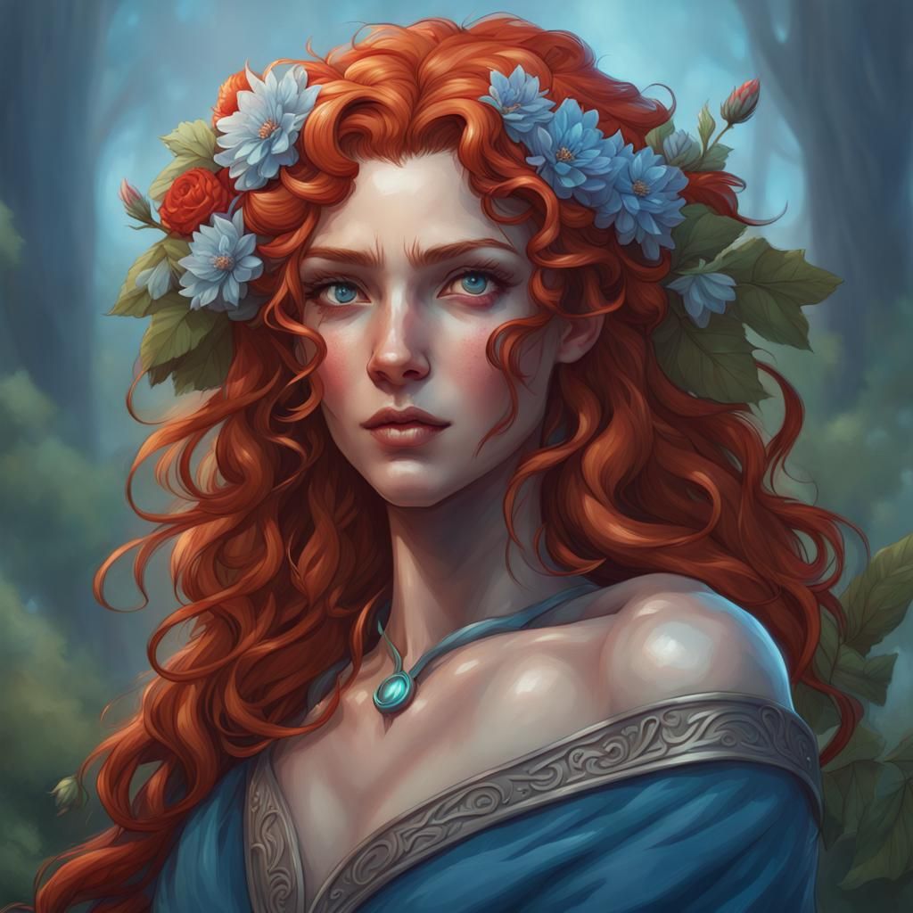 A mysterious half-elf druid with curly red hair wearing flowers - AI ...