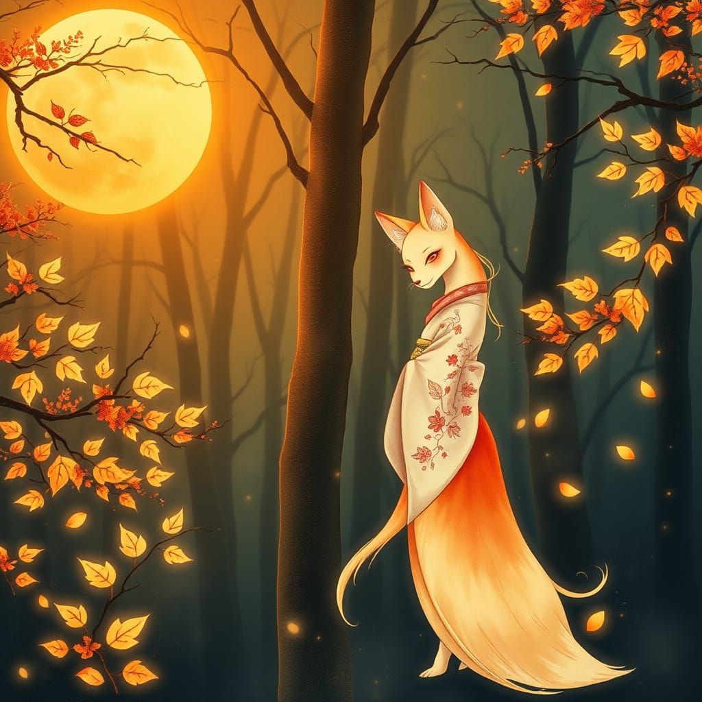 Ancient Fox Yokai Under Golden Autumn Moon - AI Art