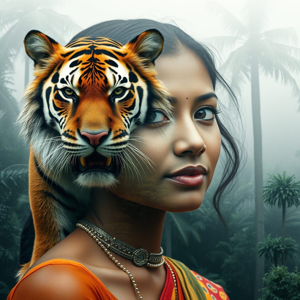 transparent portrait of a young Indian woman with giant tiger and rain-forest