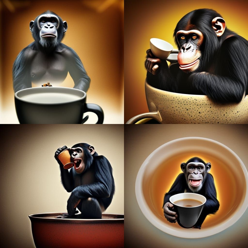 laughing chimpanzee standing inside a huge cup of tea. - AI Generated ...