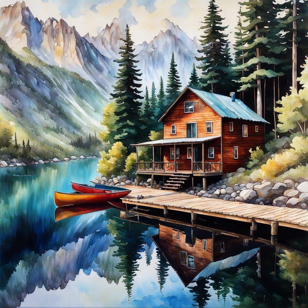 Alcohol Ink Mountain Cabin - Peaceful Mountain Lake Cabin Sc...
