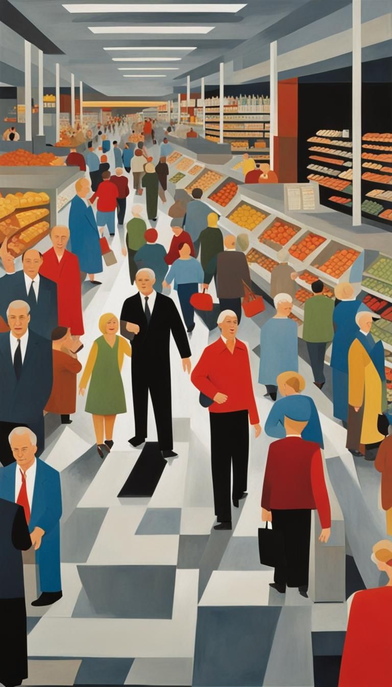 Socialist realism poster in the supermarket masses of people come in ...