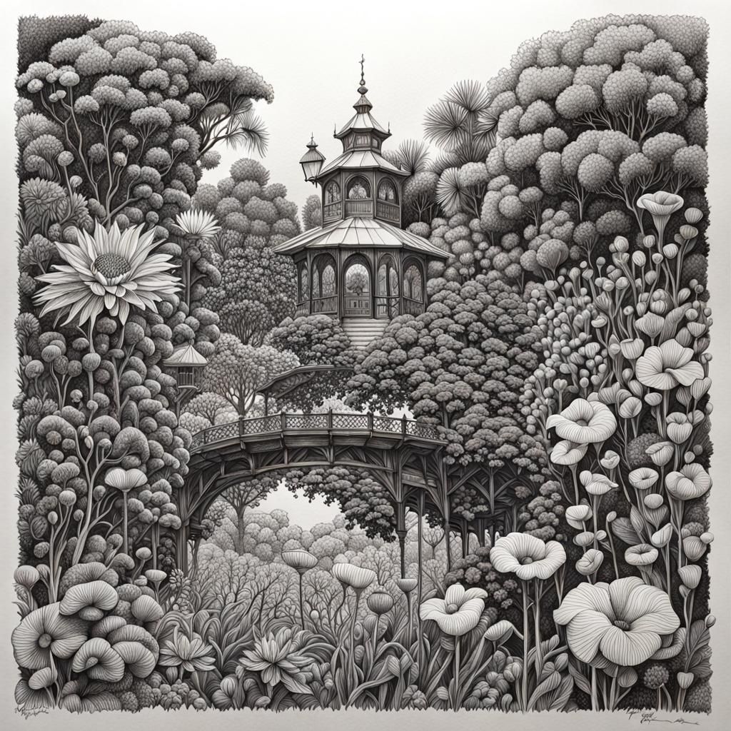 DETAILED BOTANICAL GARDEN, INK DRAWING, HYPER REALISM, INTRICATE DETAIL ...