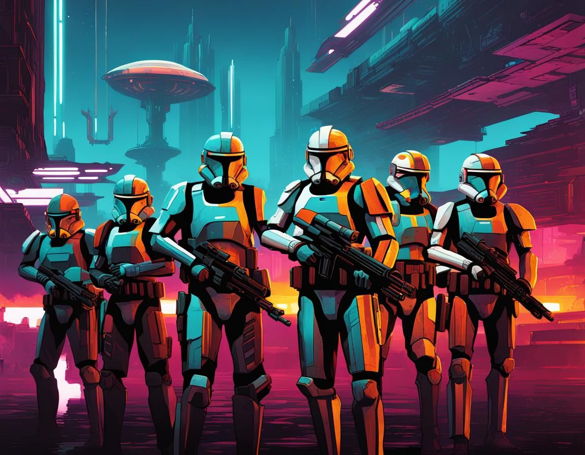 Republic Clone Troopers in synthwave Nar Shaddaa, the Smuggler's Moon ...
