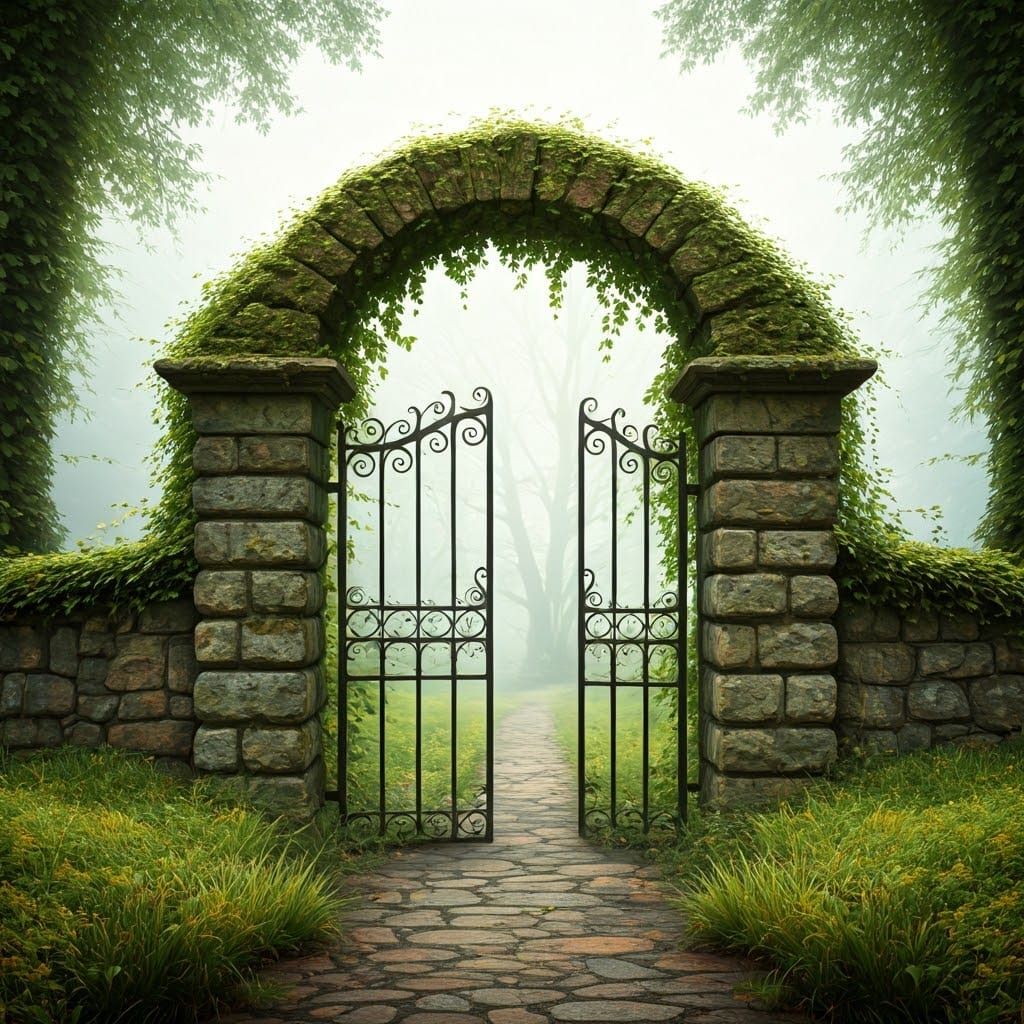 gate - Rustic Stone Gate in Misty Landscape