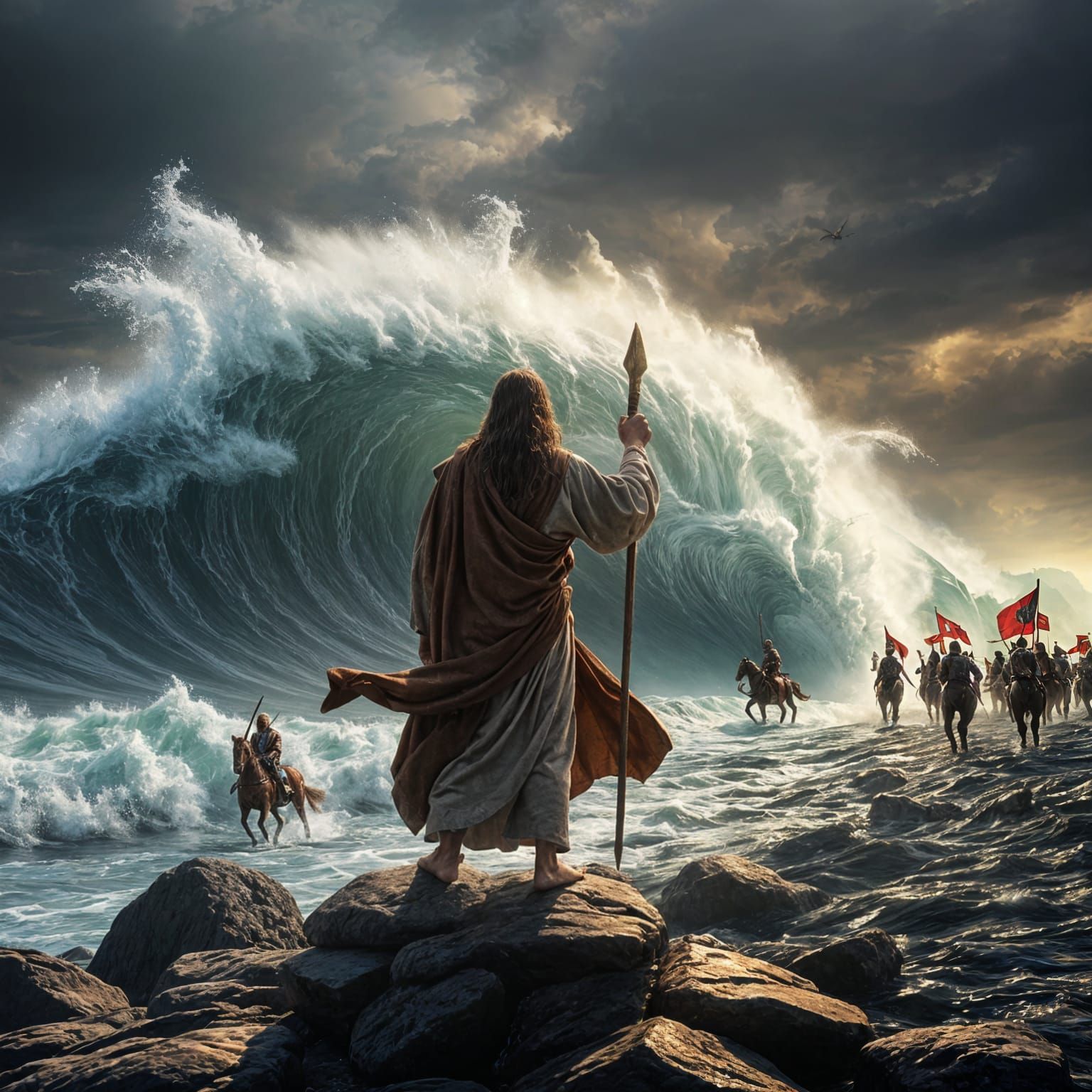 Moses watching as God releases the flood on the Egyptian army