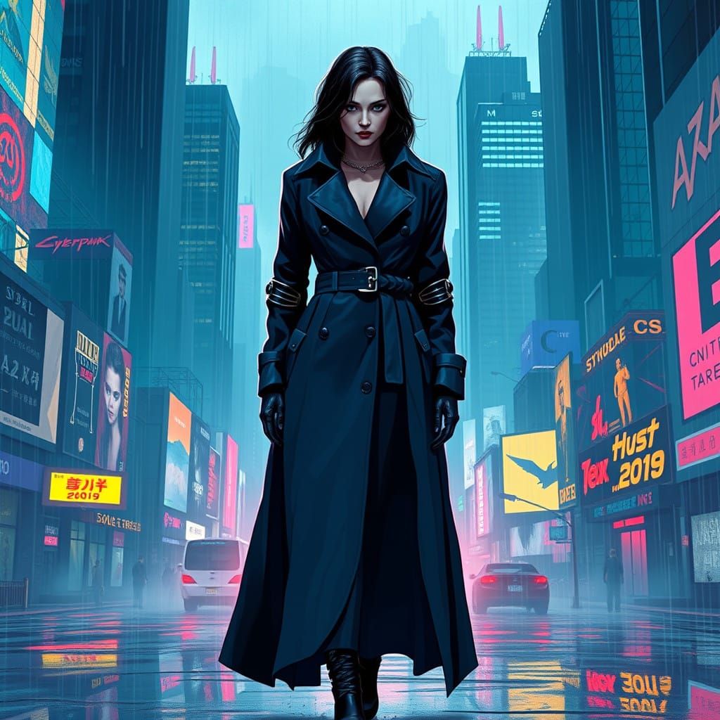 female villain, with blue clothes - Gritty Cyberpunk Villain...