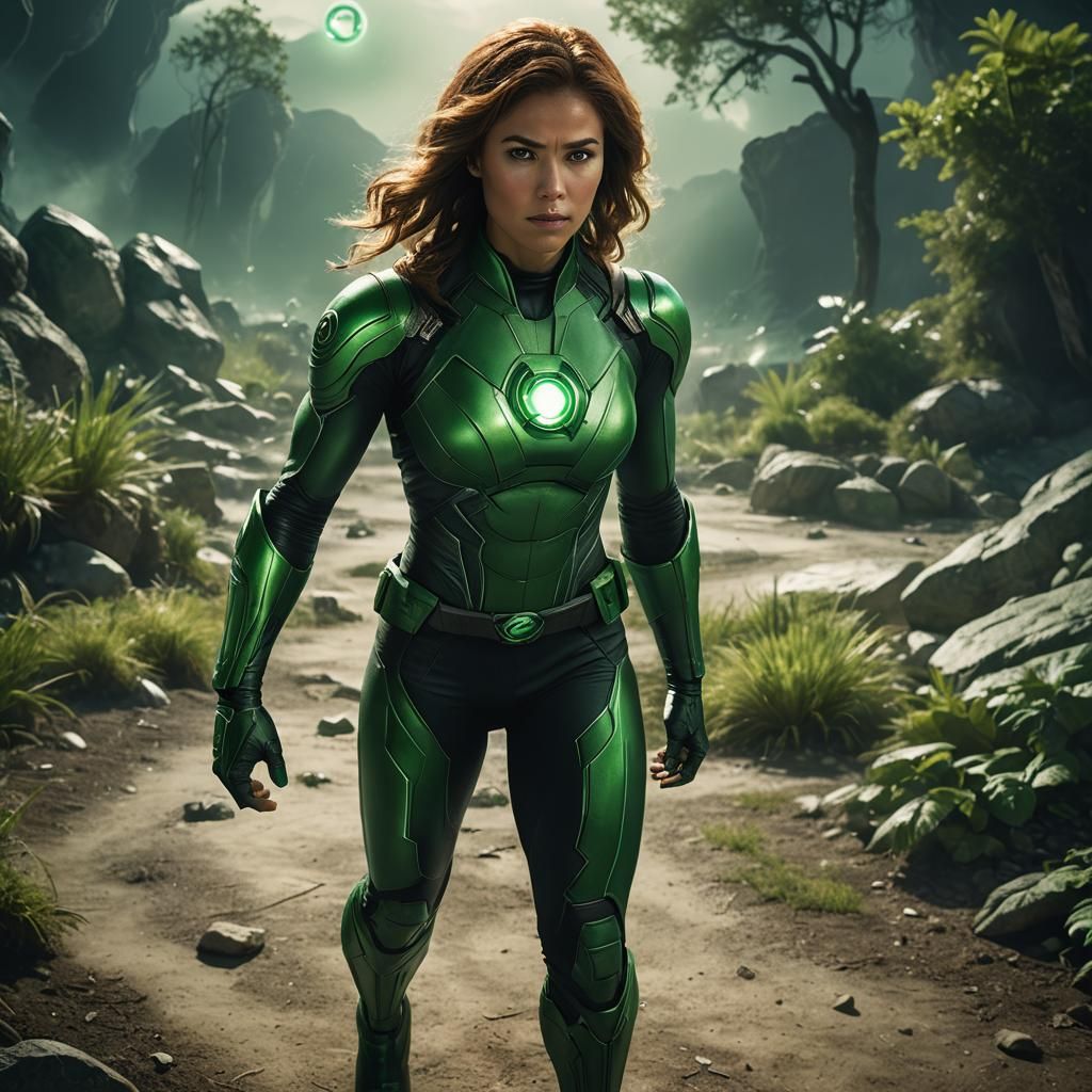 female version of green lantern, full body, beautiful relaxed face ...