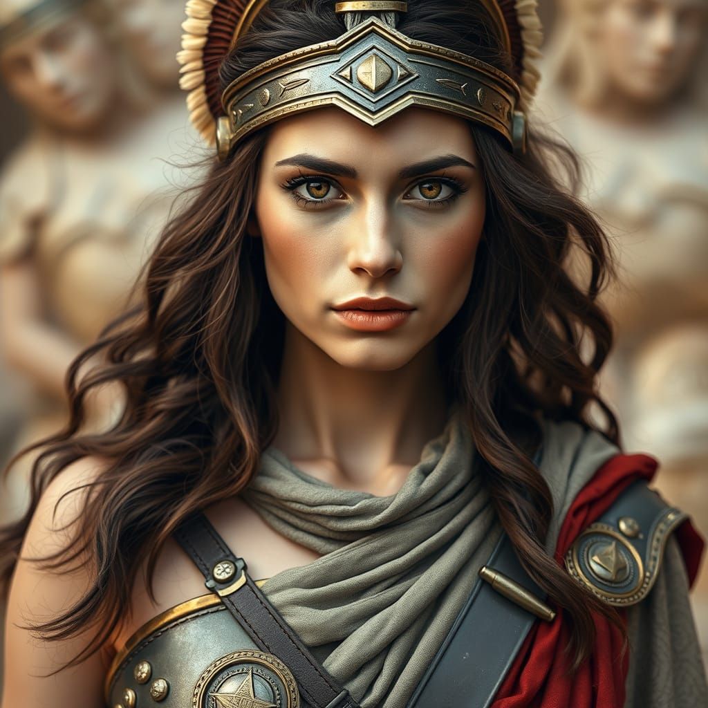 a Roman woman with brown hair and brown eyes dressed as a centurion ...