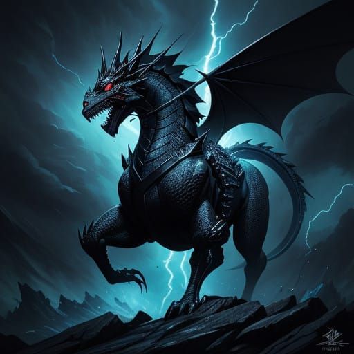 Cyberpunk Black Dragon Unleashes Lightning Magic w... - AI Art