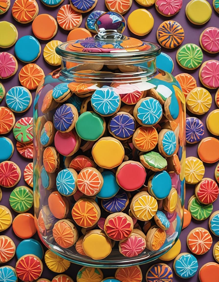 Glass see through cookie jar, containing psychedelic cookies in an ...