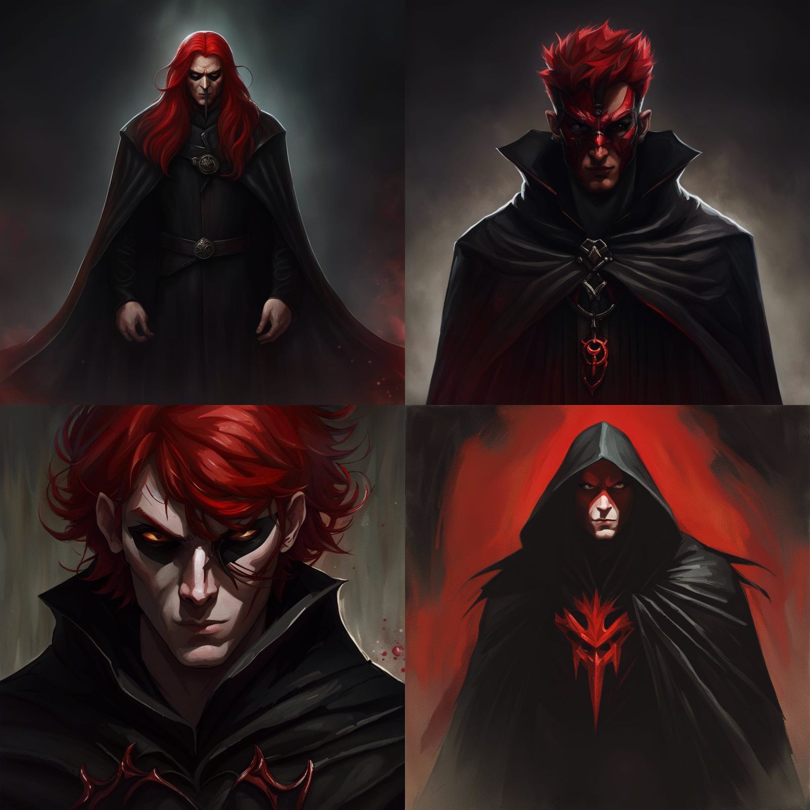 a red haired man, wearing a black cloak, wearing a red and black evil ...