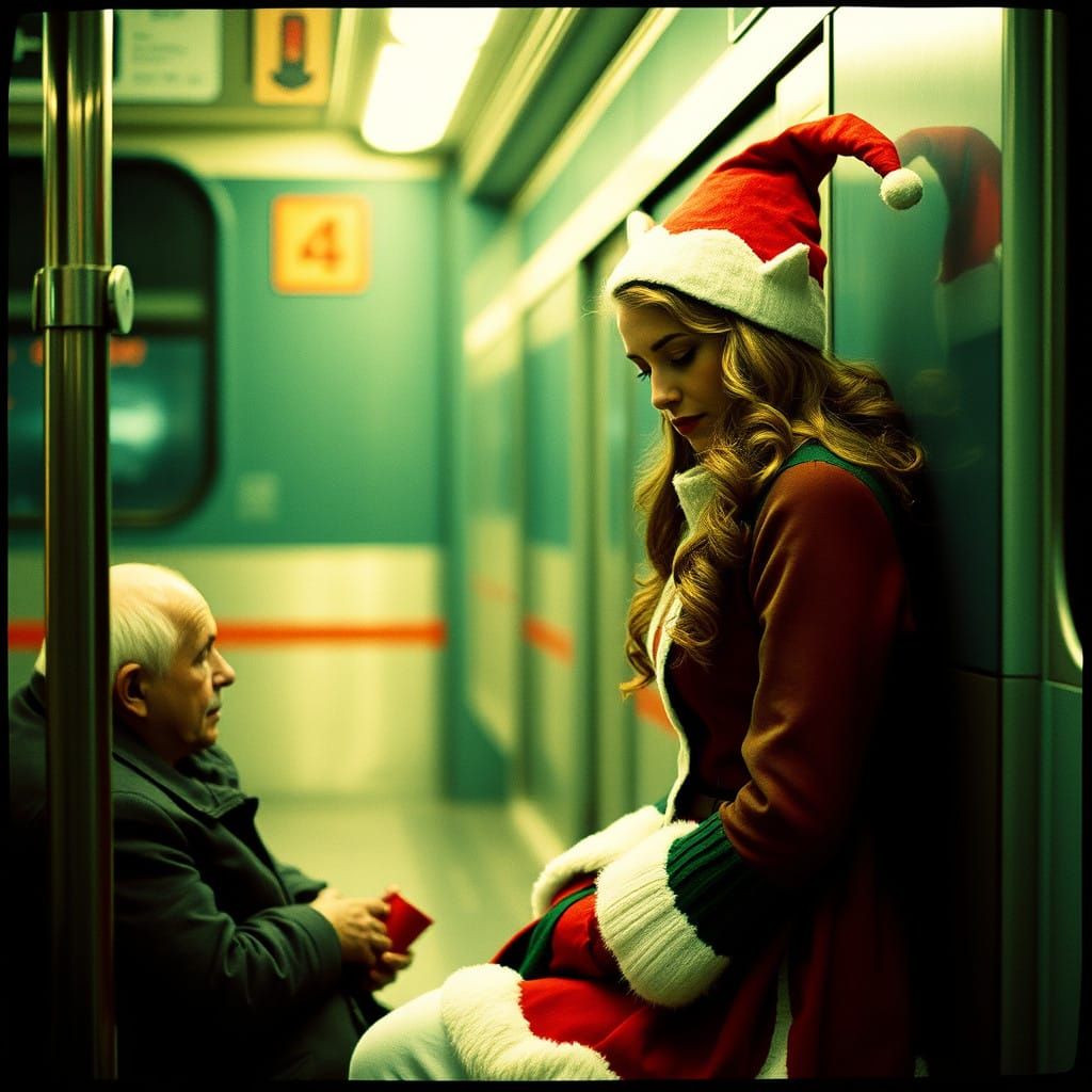 Christmas Elf Spreads Cheer on a City Subway - AI Art