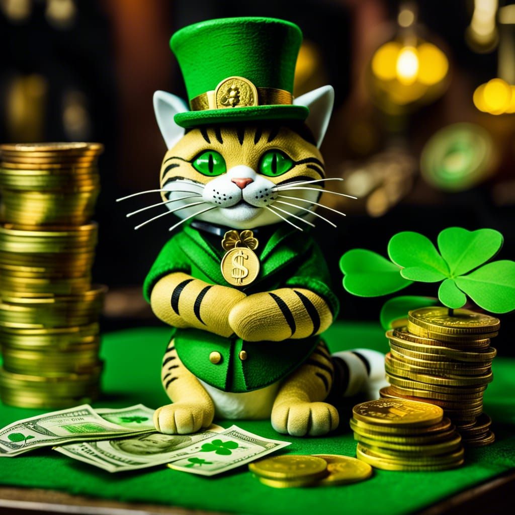 A tabby lucky cat wearing a green top hat and monocle sitting in front ...