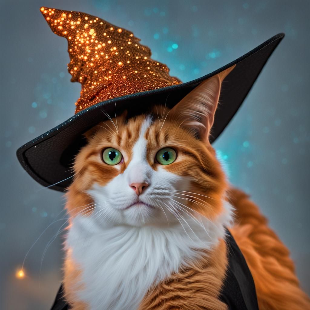 Black and orange calico cat dressed as wizard. Casting glitter spell ...