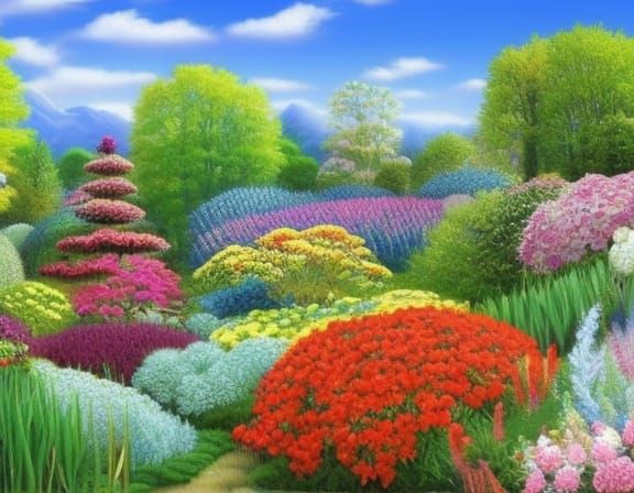 Spring garden in full bloom in stargazing platform in flowers mycelium ...